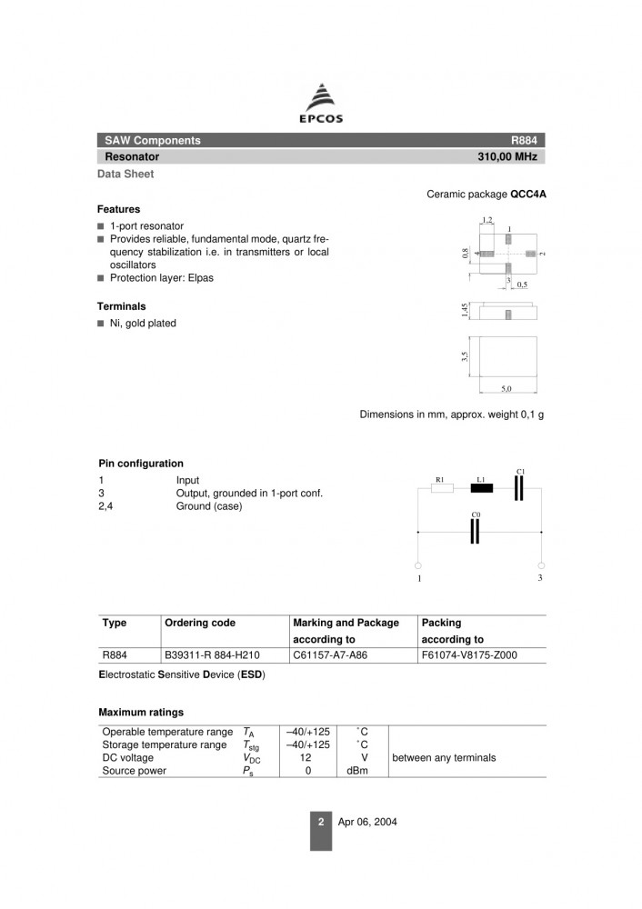 B39311R884H210 datasheet page 2
