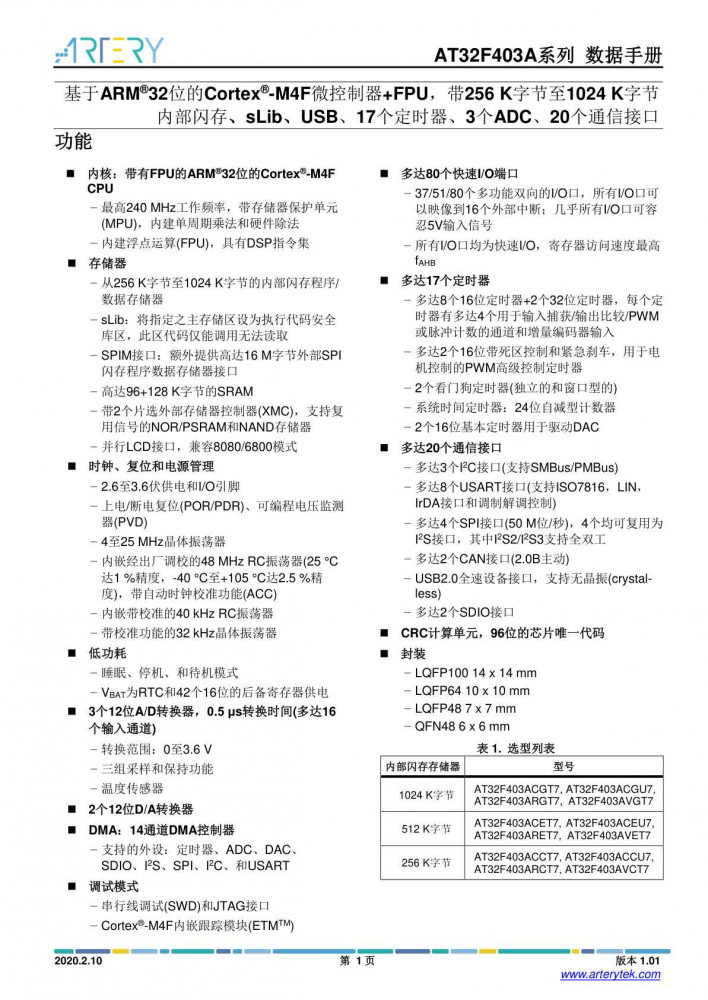 AT32F403A datasheet page 1