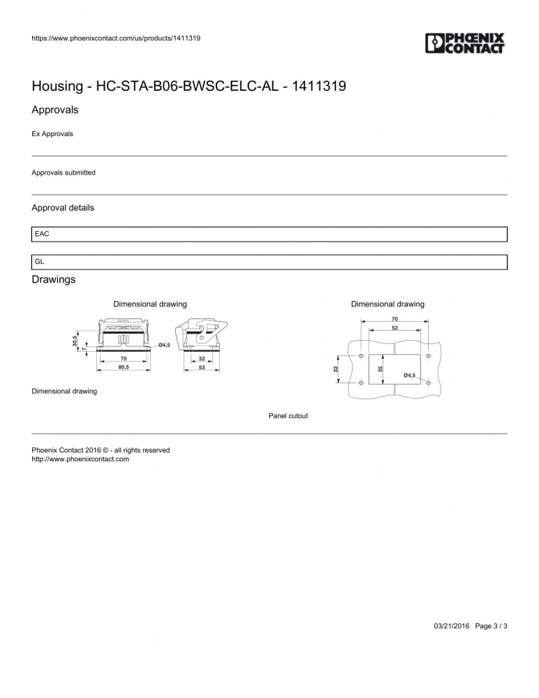 Phoenix Contact 1411319 panel cutout drawing