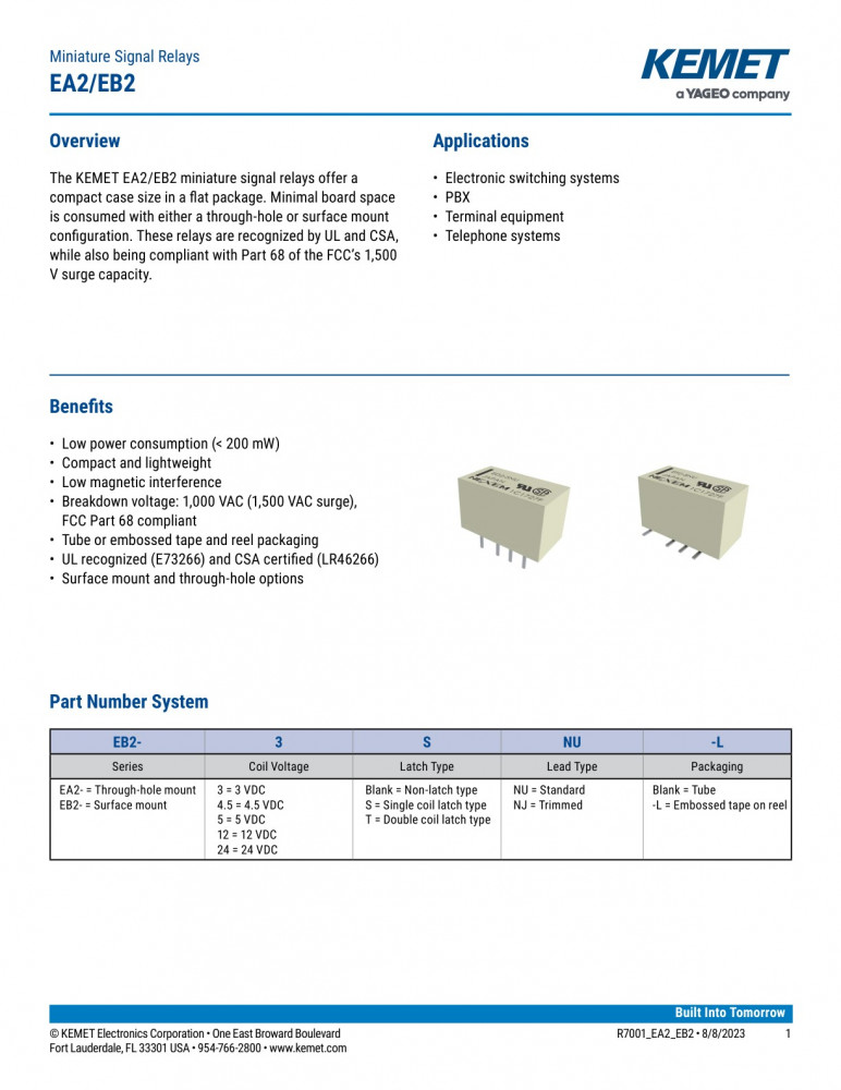 KEMET EB2 relay datasheet page 1