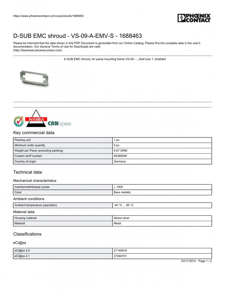 Phoenix Contact 1688463 product documentation page 1