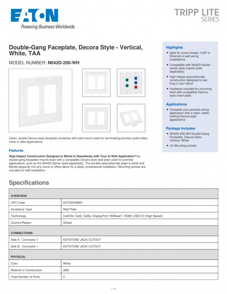 N042D-200-WH technical document page 1