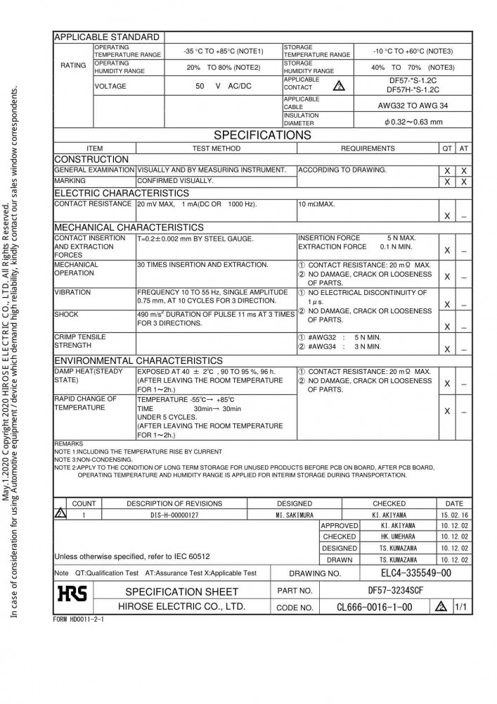 HRS DF57-3234SCF specification sheet preview