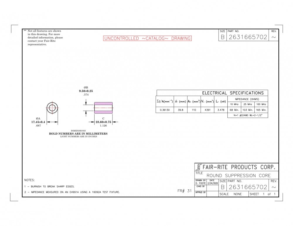 Fair-Rite 2631665702 technical specification document