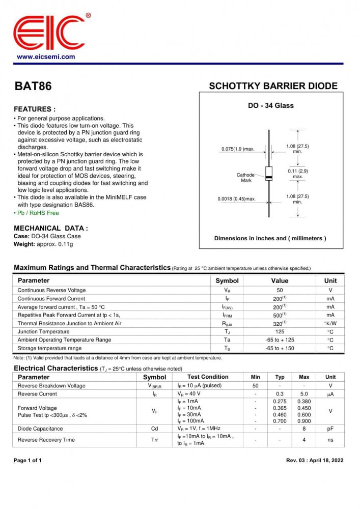 BAT86 datasheet page 1