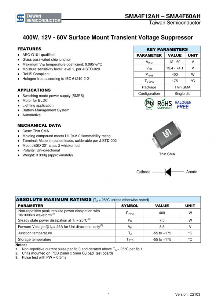 SMA4F25AH technical document page 1