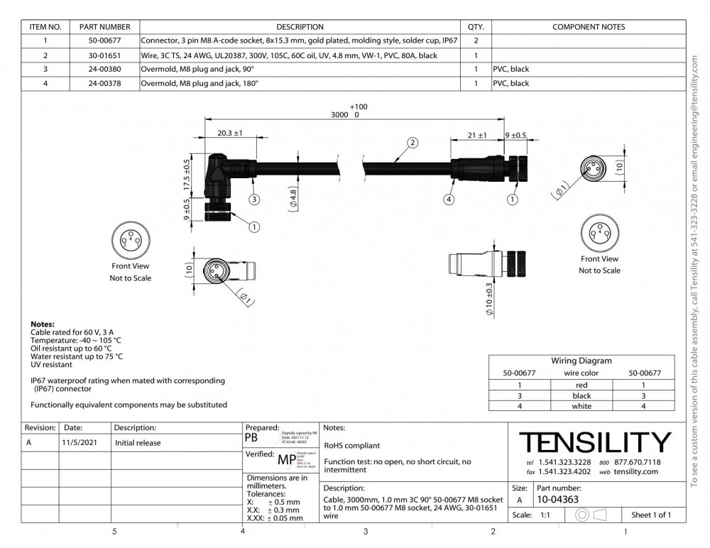 Technical drawing for Tensility International 10-04363 cable assembly