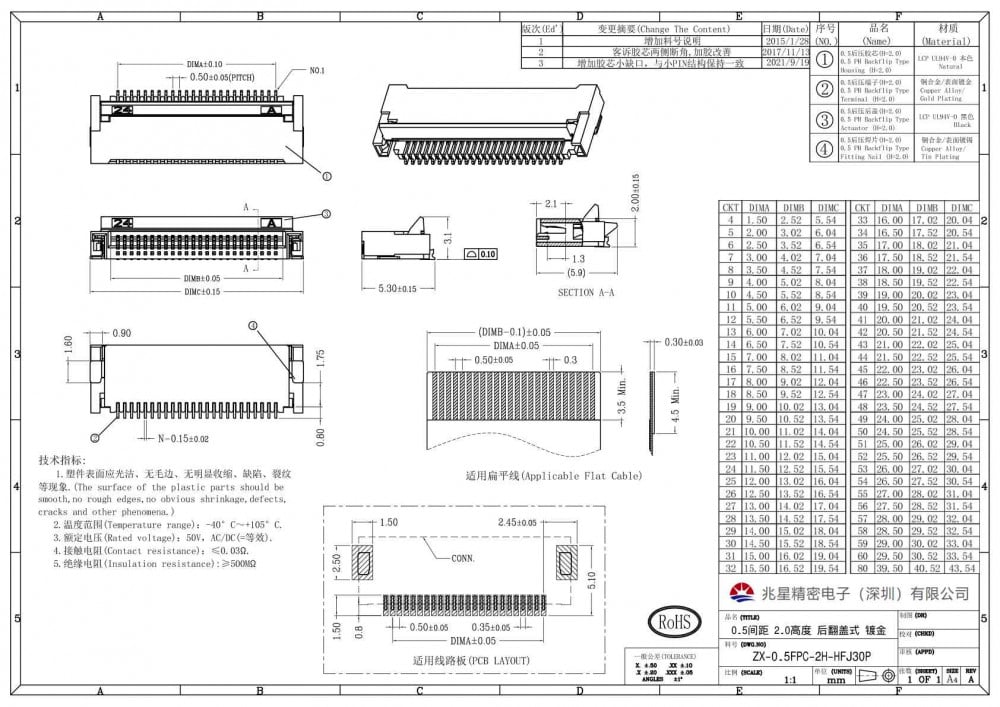 Megastar ZX-0.5FPC-2H-HFJ30P technical drawing preview