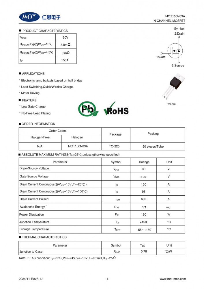 MOT150N03A datasheet page 1