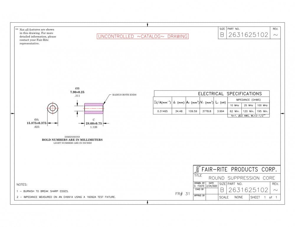 Fair-Rite 2631625102 technical document page
