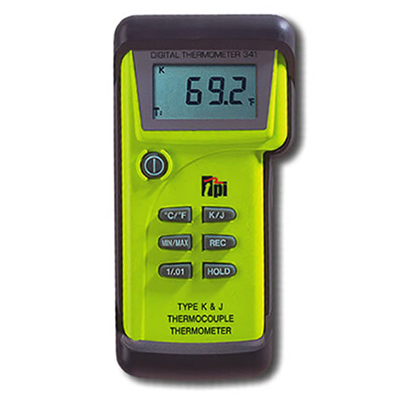 The 341KC1 Single Input K-Type Thermocouple Thermometer with a -58 to +2,462 °F range can be Auto Field Calibrated in less than 10 seconds in ice water to achieve +/- 1°F system (tester & probe) accuracy within 30°F to 120°F temperature range for sale