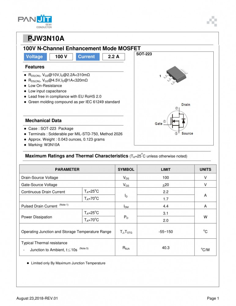 PJW3N10A datasheet page 1