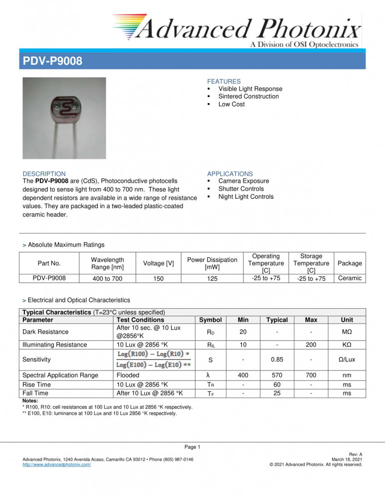 PDV-P9008 datasheet page 1