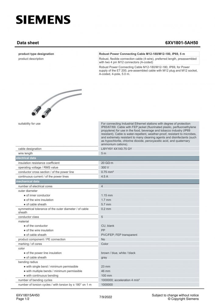 6XV18015AH50 technical document page 1