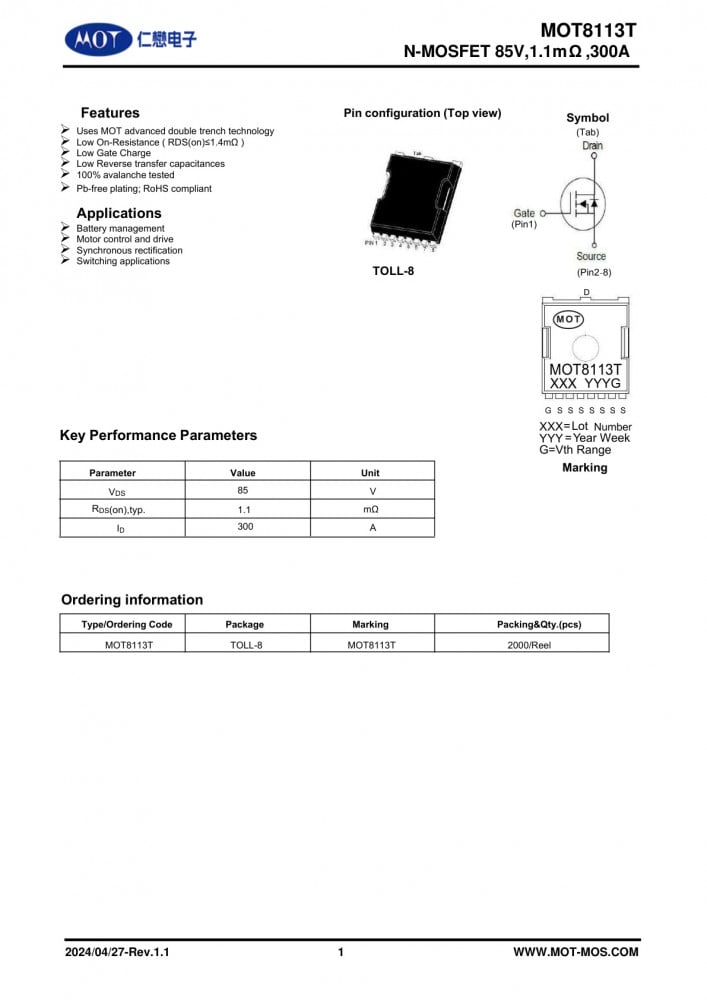 MOT8113T datasheet page 1