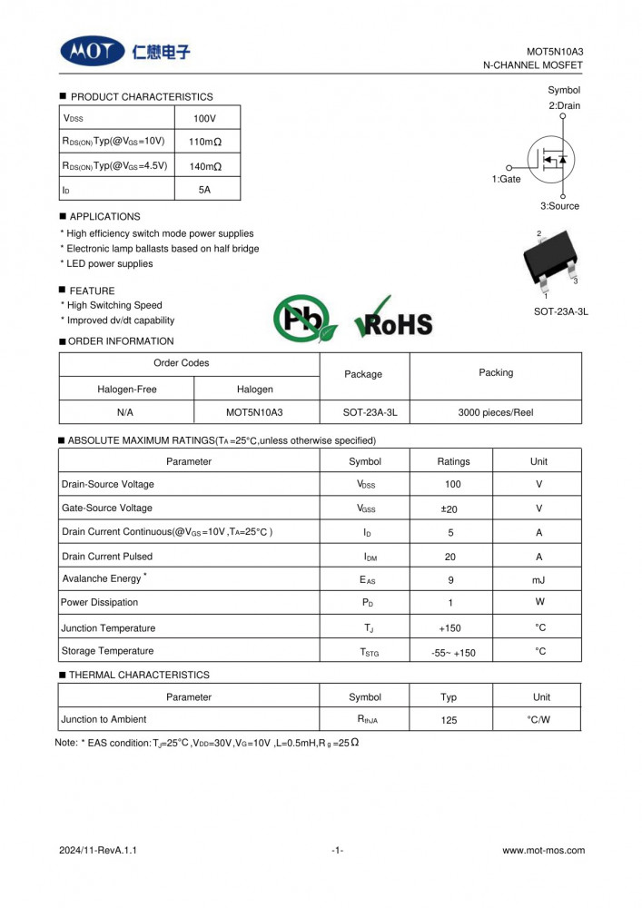 MOT5N10A3 datasheet page 1
