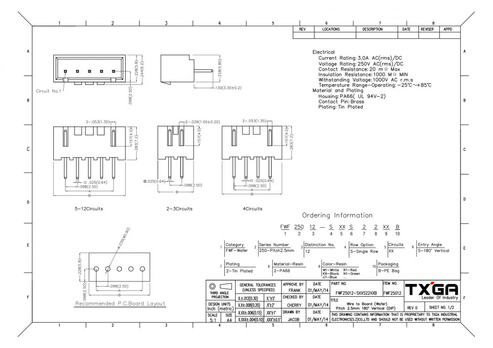TXGA FWF25012 technical document page 1
