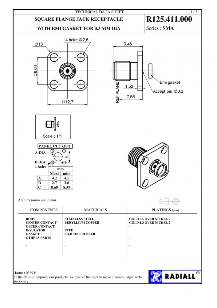 Radiall R125.411.000 technical datasheet page 1