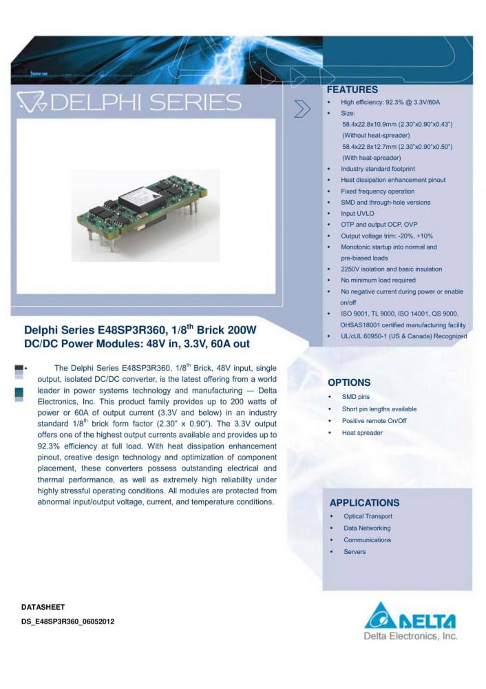DELTA E48SP3R360NRFA datasheet page 1