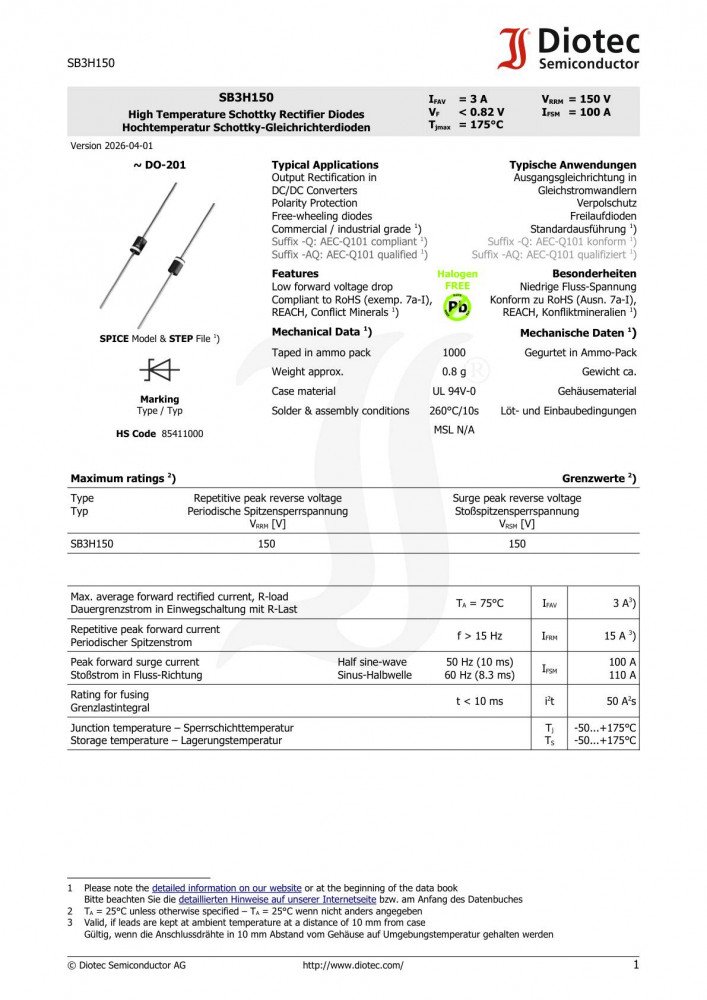DIOTEC SB3H150 datasheet page 1