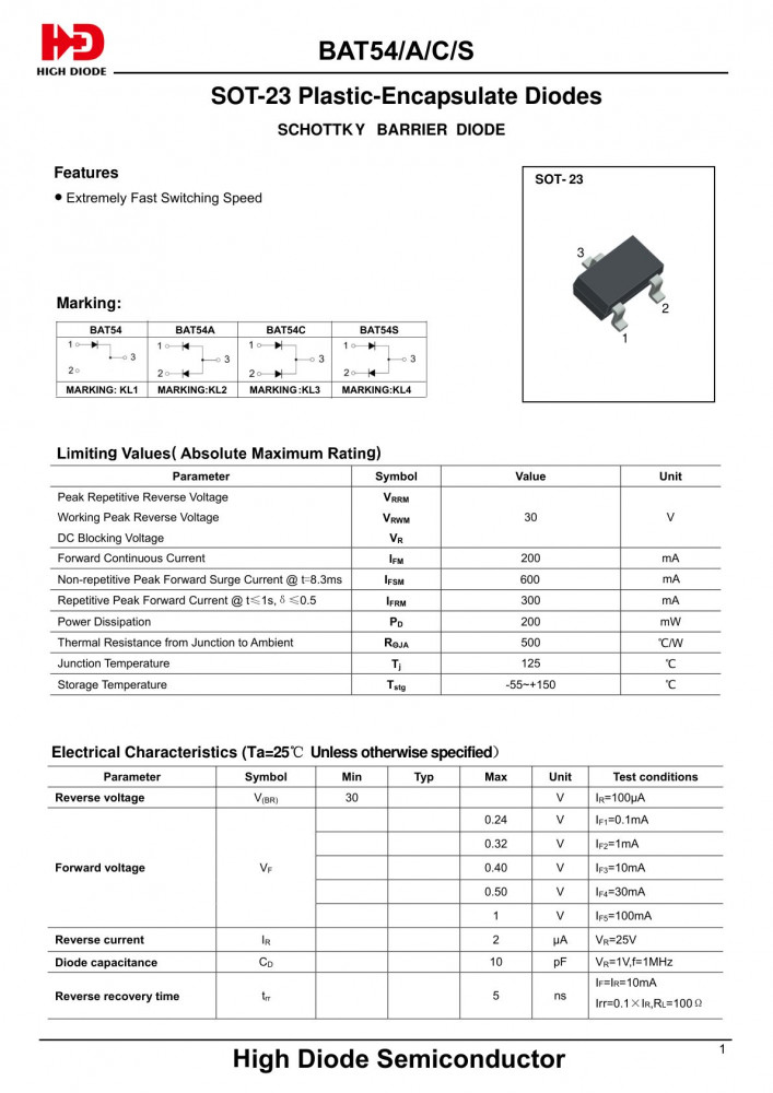 High Diode BAT54S datasheet page 1