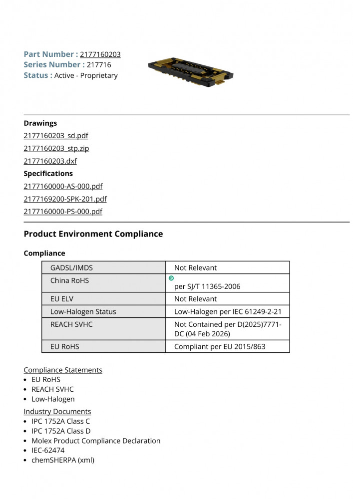 Technical document page image 1 for MOLEX 2177160203