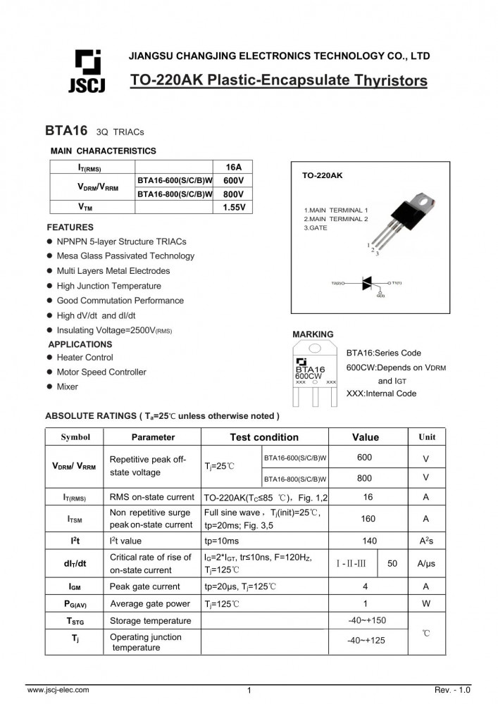 BTA16-800CW datasheet page 1