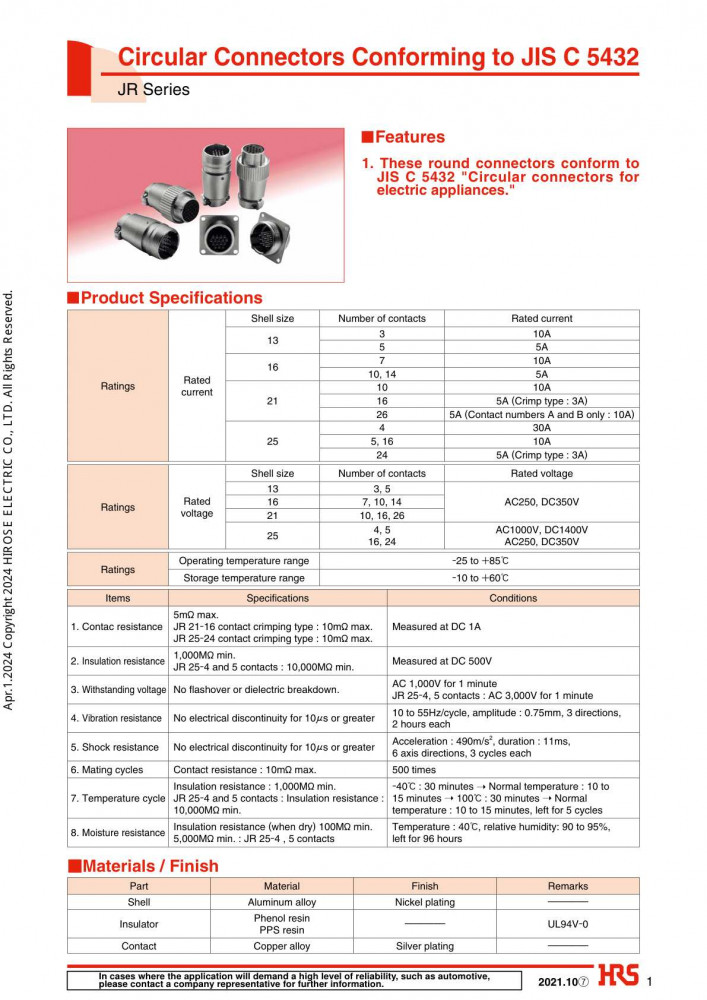 HRS JR Series datasheet page 1