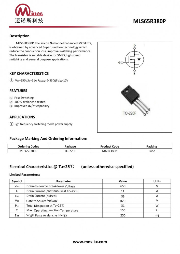 MLS65R380P datasheet page 1