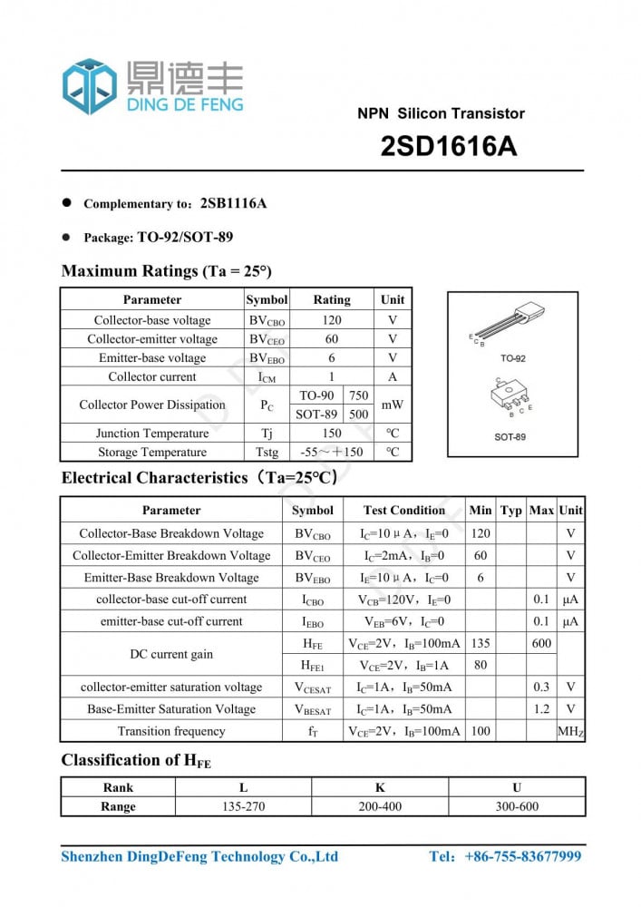 2SD1616A-TO-92 technical document preview