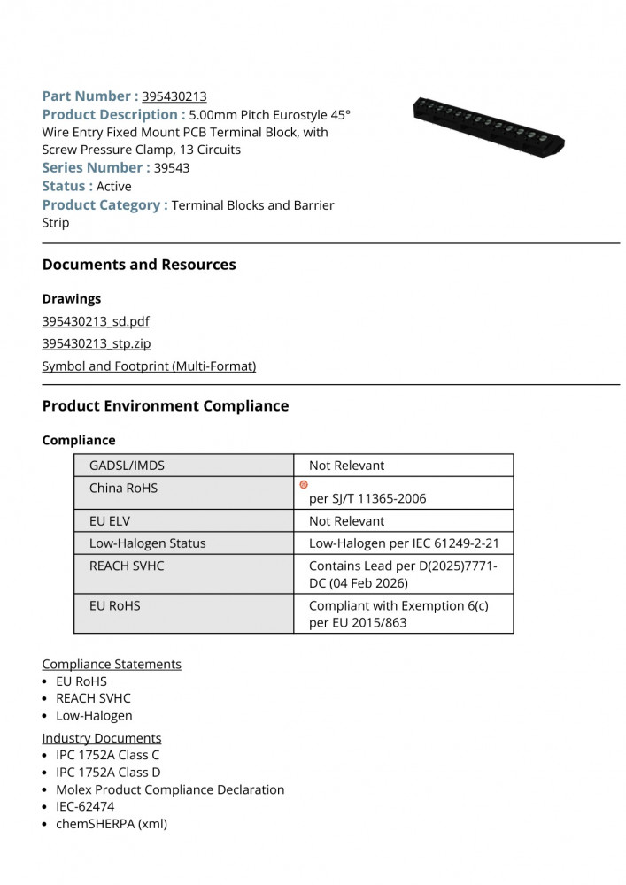 Product document image 1 for MOLEX 395430213