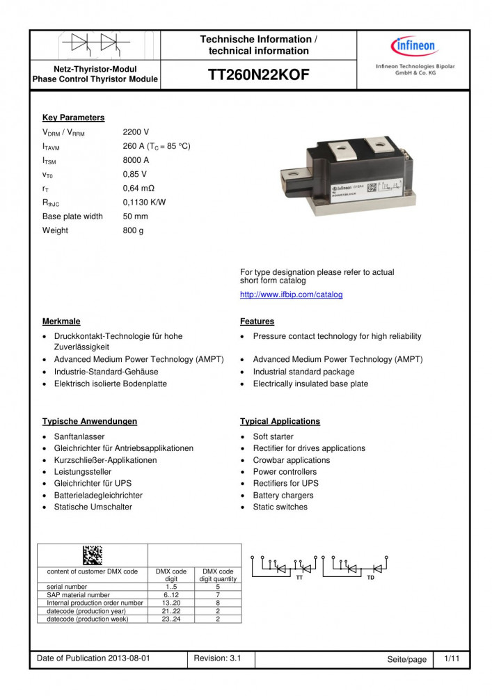 TD260N22KOF technical document page 1