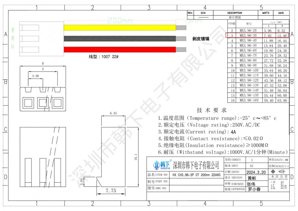 HX CH3.96-3P DT 200mm 22AWG technical drawing