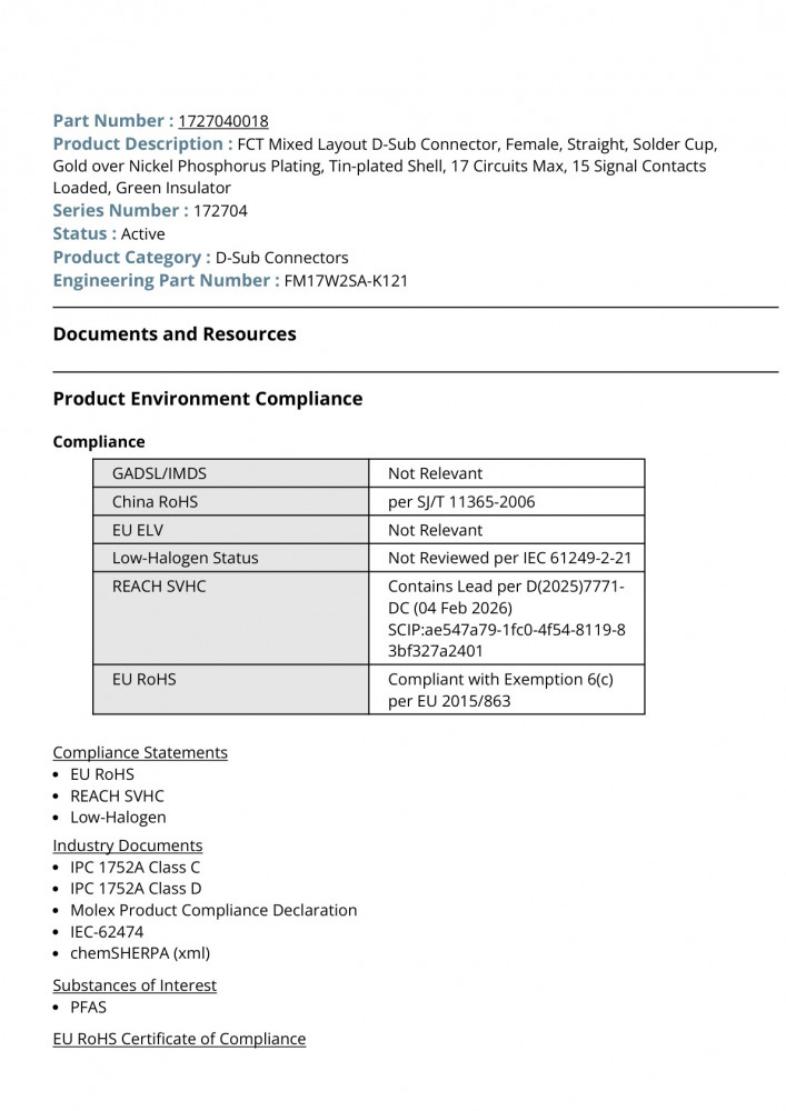 MOLEX 1727040018 document page 1