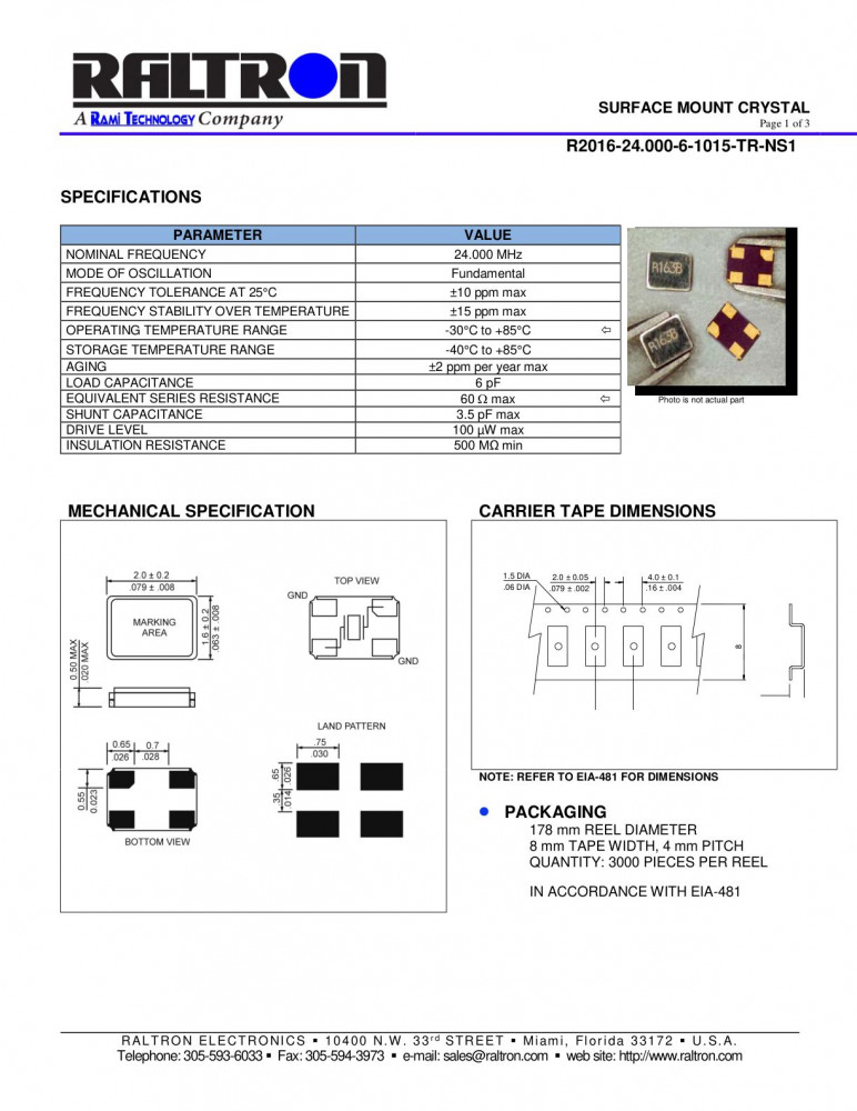 Raltron crystal datasheet page 1