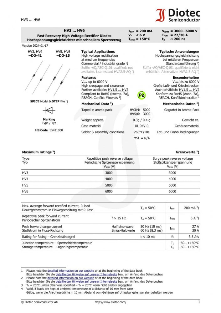 DIOTEC HV4 datasheet page 1