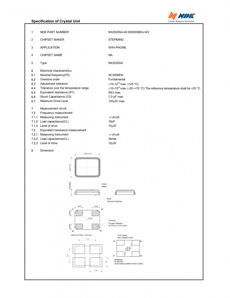 NDK NX2520SA-40.000000MHZ-W2 technical document page 1