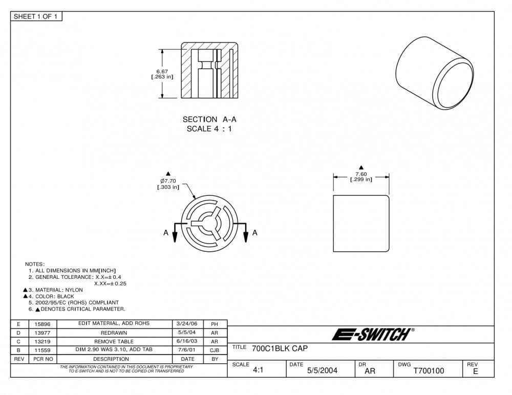 E-Switch 700C1BLK cap technical drawing