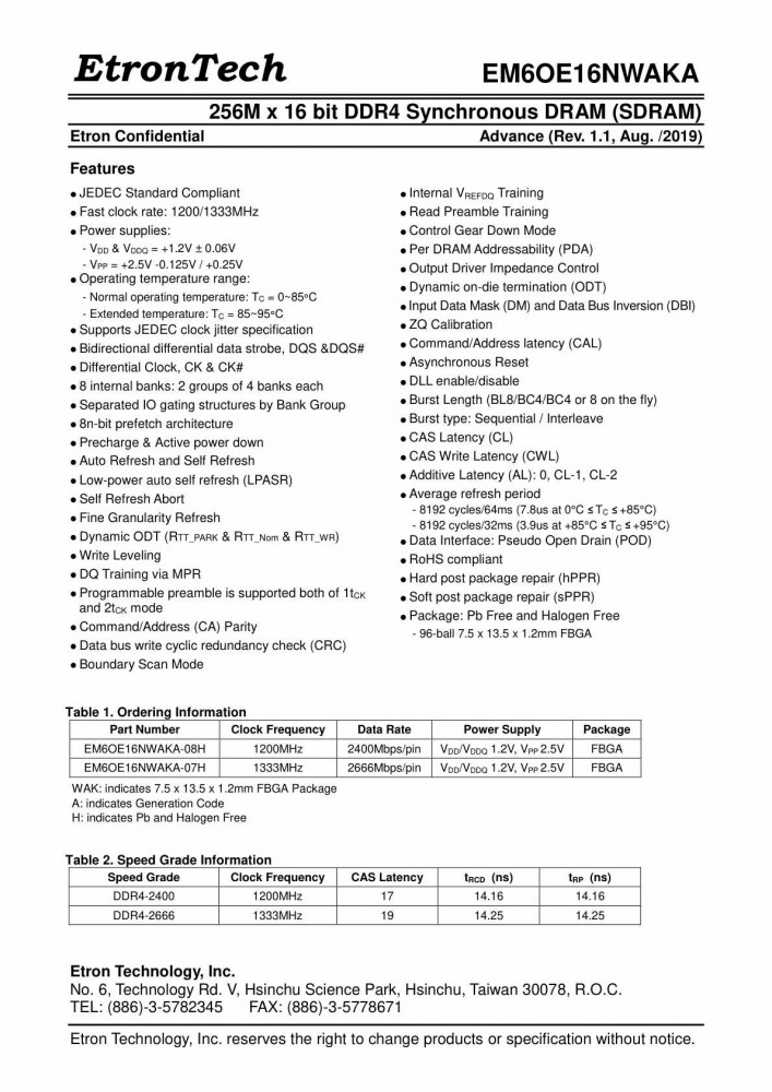 Etron DDR4 datasheet page 1