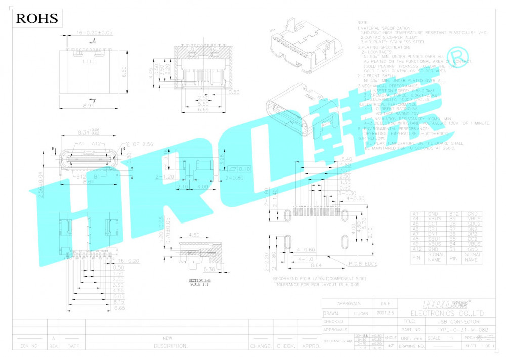 TYPE-C-31-M-08B USB connector technical drawing