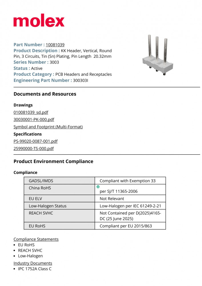 Molex KK 5.08 mm connector document preview, page 1