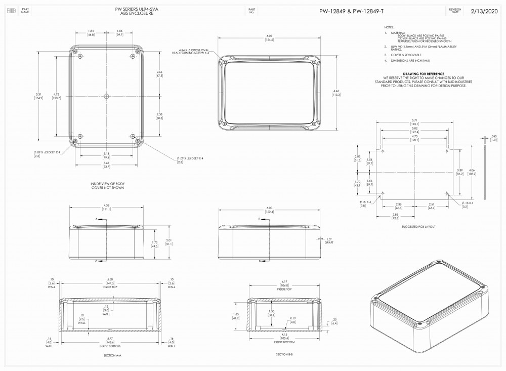 Bud Industries PW-12849-T enclosure product drawing