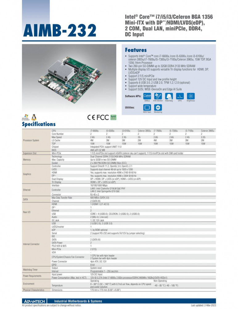 ADVANTECH AIMB-232 technical datasheet page 1