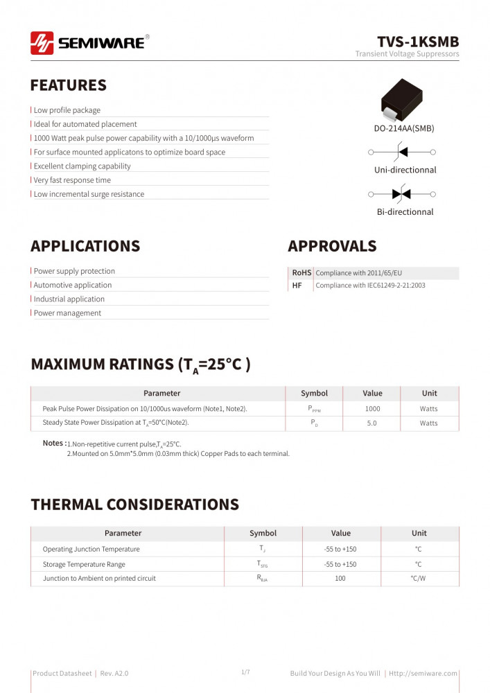 1KSMB56A datasheet page 1