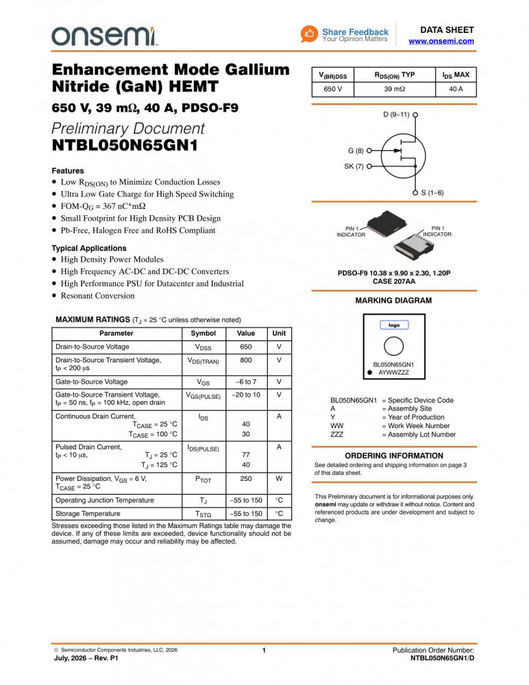 NTBL050N65GN1 datasheet page 1