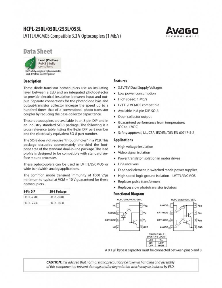 HCPL-050L-500E datasheet page 1
