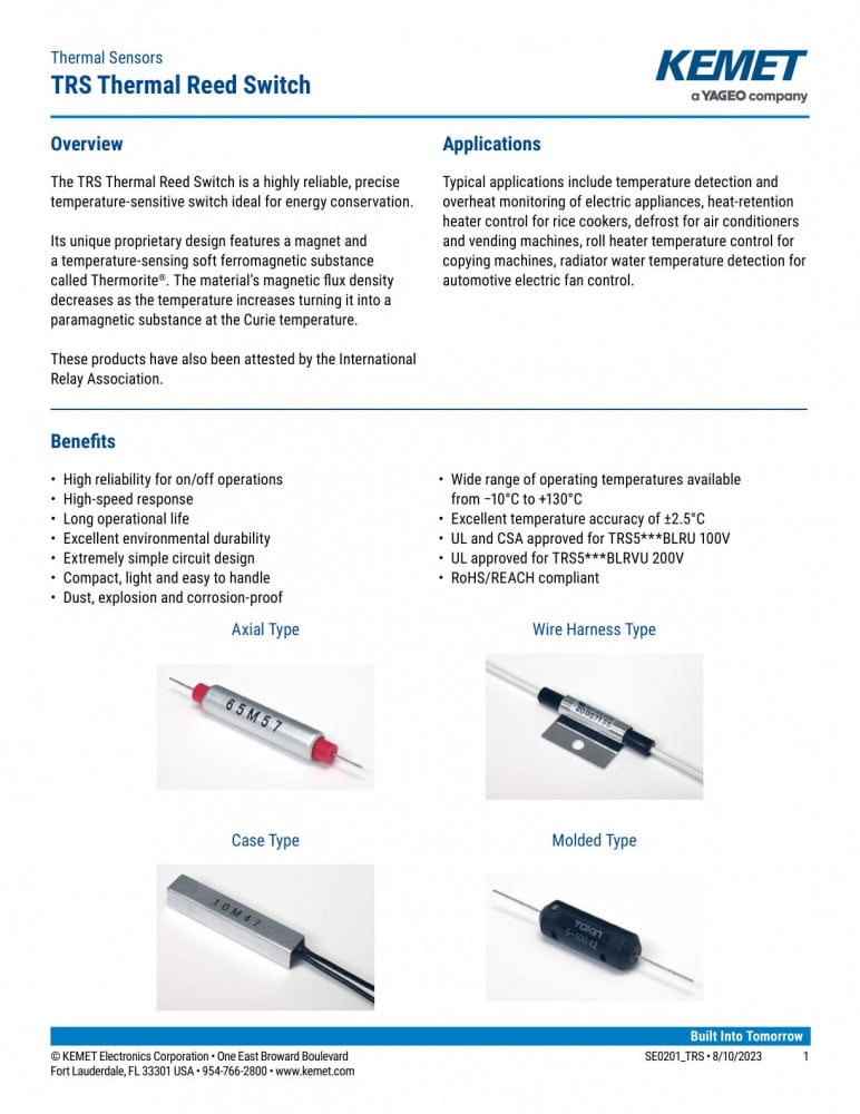 KEMET TRS thermal reed switch datasheet page 1