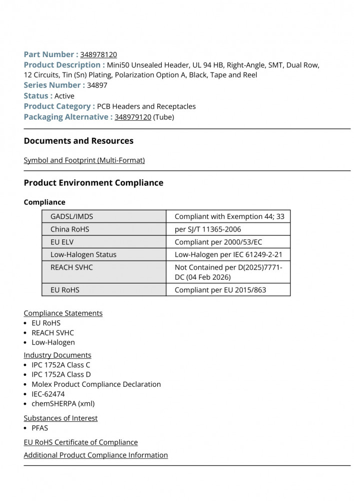 Technical document page 1 for MOLEX 348978120