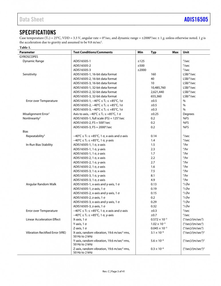 ADIS16505 technical document page 3