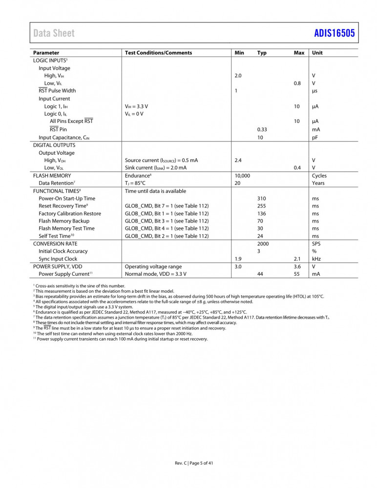 ADIS16505 technical document page 5